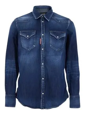 Dsquared2 Blue Shirt With Classic Collar And Two Front Pockets In Denim For - Multicolor