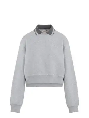 Miu Miu Cotton Sweatshirt With Embroidered Logo And Striped Collar - Gray