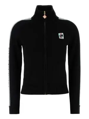 Casablanca Merino Wool Zip-up Cardigan With Applique - Black