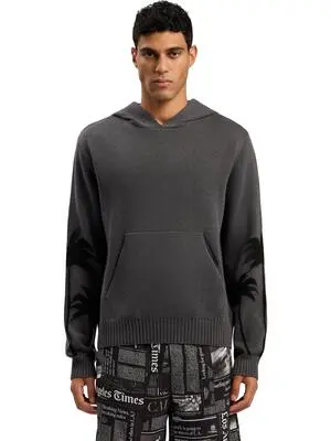 Palm Angels Knit Hooded Sweatshirt With Palm Tree Sleeve Detail - Gray