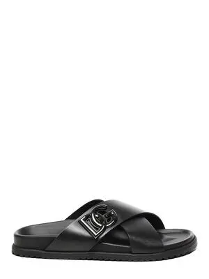 Dolce & Gabbana Calfskin Cross Strap Sandals With Dg Logo - Black