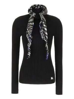 Burberry Ribbed Turtleneck Top With Houndstooth Scarf Detail - Multicolor