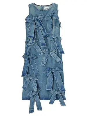 GANNI Sleeveless Denim Dress With Bow Embellishments - Blue