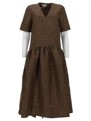 GANNI V-neck Checked Recycled Polyester Dress - Brown