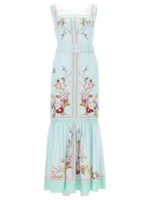SELF-PORTRAIT Floral Print Belted Midi Dress - Green