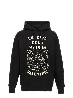 Valentino Garavani Cotton Hoodie With 'le Chat De La Maison' Print - Black