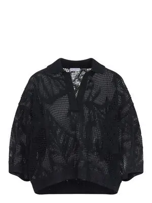 BRUNELLO CUCINELLI Brunello Cucinelli Crocheted Linen Polo With Floral Embroidery And Sequins