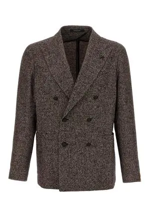 Tagliatore Double-breasted Peak Lapel Blazer In Micro Patterned Virgin Wool Blend - Brown