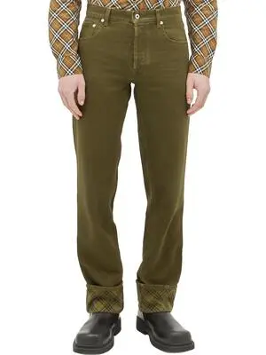 Burberry Cotton Twill Pants With Check Motif Cuffs - Brown
