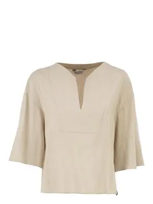 Max Mara Max Mara Linen & Viscose Blend V-Neck Blouse Cream
