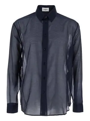 Saint Laurent Blue Shirt With Classic Collar And Contrasting Details In Cotton And Silk - Multicolor