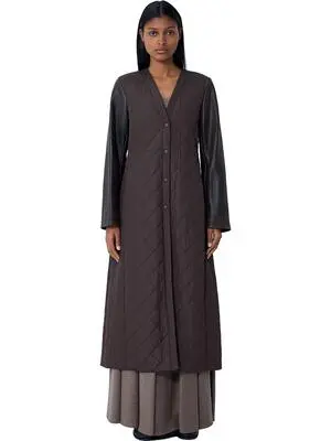 Max Mara Quilted Maxi Coat With Leather Sleeves - Brown