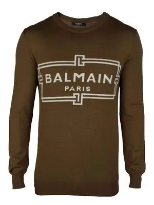 Balmain Khaki Wool Sweater With White Logo - Yellow