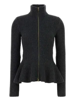 Alaïa Ribbed Knit Cardigan With Peplum Detail - Gray
