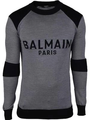 Balmain Grey Wool Sweater With Black Logo And Sleeve Inserts - Gray