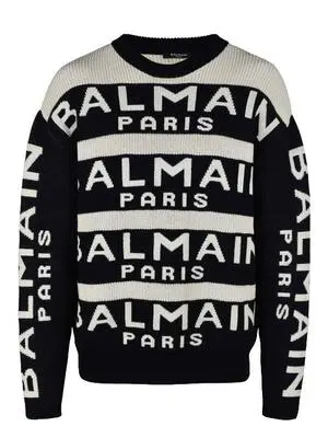 Balmain Striped Logo Knit Sweater - Black