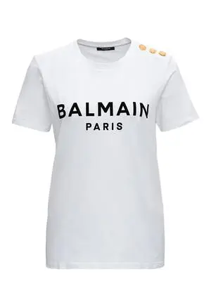 Balmain Crewneck T-shirt With Golden Buttons And Logo Print - Multicolor