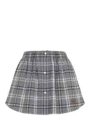 Miu Miu Miu Miu Checked Cotton Midi Skirt With Embroidered Logo Gray