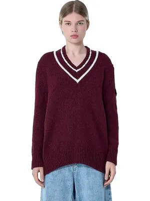 Moncler V-neck Wool Sweater With Ribbed Trims And Pocket Detail - Red
