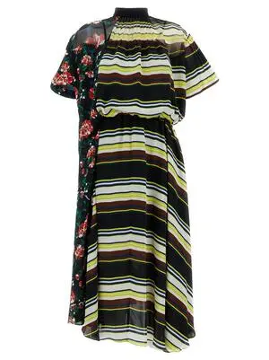 Sacai Paneled Midi Dress With Floral And Stripe Patterns - Multicolor