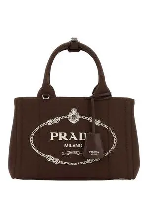 Prada Canvas Small Jardinière Handbag With Silver Tone Finishing - Brown
