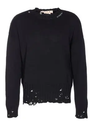 Marni Distressed Embroidered Crew Neck Sweater - Black