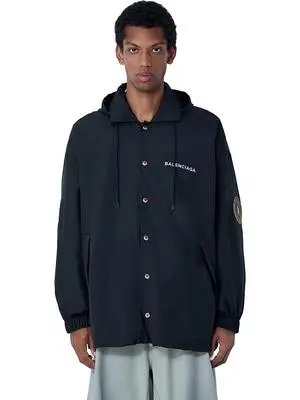 Balenciaga Logo Motif Hooded Windbreaker Jacket - Black