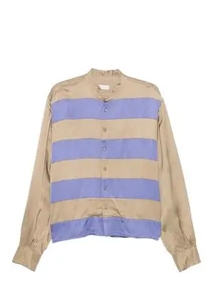 Dries Van Noten Horizontally Striped Shirt With Band Collar - Blue