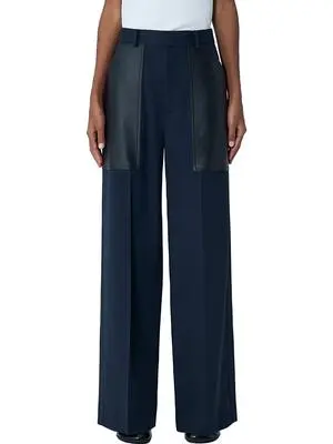 Bottega Veneta Compact Wool And Cotton Twill Pants With Leather Pockets - Blue
