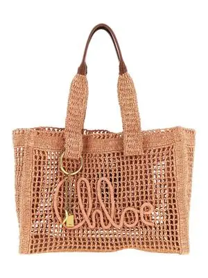 Chloé Crocheted Raffia East-west Shopping Bag With Leather Trim - Pink