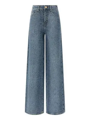 SELF-PORTRAIT SELF-PORTRAIT Rhinestone Croc Effect Wide Leg Jeans Blue