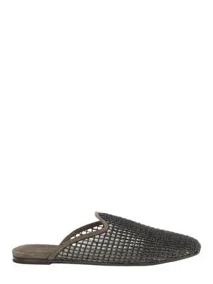 Brunello Cucinelli Suede Mules With Precious Net Embroidery - Gray