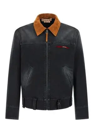 Marni MARNI Canvas Jacket With Suede Collar And Logo Detail Gray
