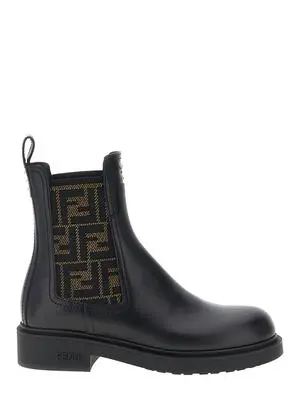 Fendi Filo' Leather Ankle Boots With Ff Fabric Insert - Black