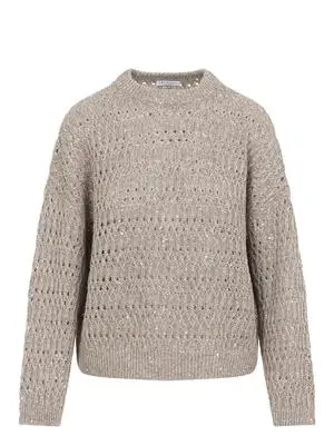 Brunello Cucinelli Long Sleeve Linen Sweater With Rhinestone Embellishments - Multicolor