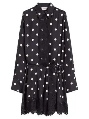 Sportmax Silk Polka Dot Shirt Dress With Lace Trim - Black