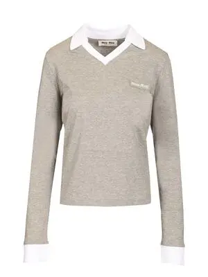 Miu Miu Cotton Jersey Collared Sweatshirt With Logo Detail - Gray