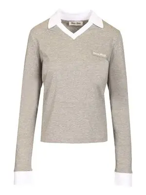 Miu Miu Cotton Jersey Collared Sweatshirt With Logo Detail - Gray