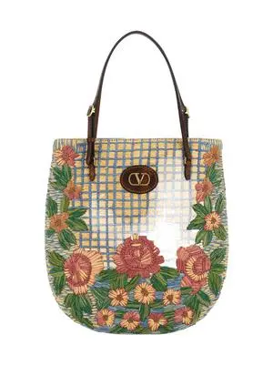 Valentino Garavani Embroidered Raffia Vlogo Signature Shoulder Bag - Multicolor