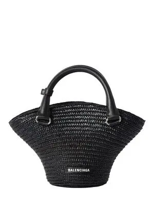 Balenciaga Straw-blend Mini Tote Bag With Logo Patch - Black