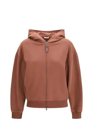 Brunello Cucinelli Hooded Smooth Cotton Sweatshirt With Shiny Zipper Pull - Brown