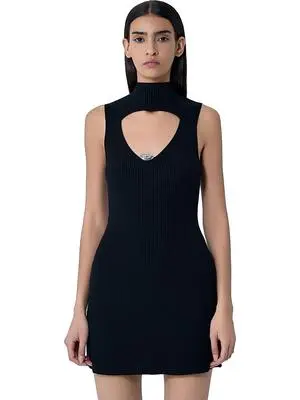 DIESEL® Ribbed Wool Mini Dress With Logo Hardware - Black