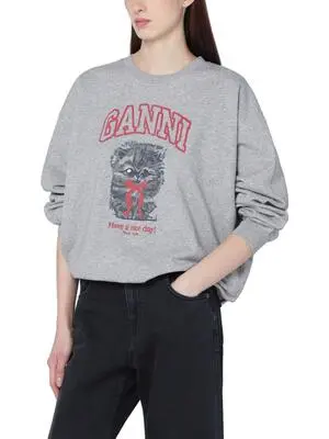 GANNI GANNI Grey Organic Cotton Crewneck Sweatshirt With Kitten Print And Logo