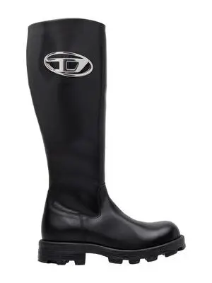 DIESEL® DIESEL Black Leather Knee-High Boots With Side Logo Plaque Black