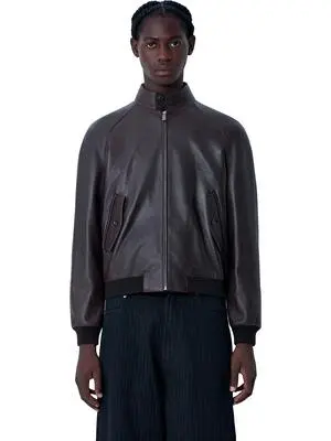 Prada Leather Bomber Jacket With Stand Collar - Brown