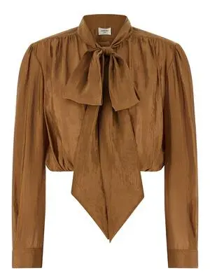 Saint Laurent Lavallière Neck Cropped Blouse - Brown