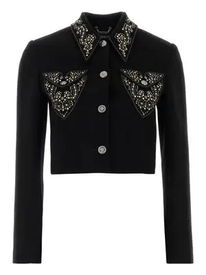 Versace Wool Blazer With Embellished Collar And Pockets - Black
