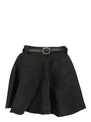 SELF-PORTRAIT Flared Denim Mini Skirt With Belt - Black