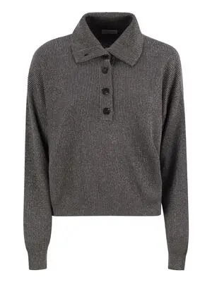 BRUNELLO CUCINELLI BRUNELLO CUCINELLI Cotton & Viscose Rib Knit High Collar Polo With Metallic Thread