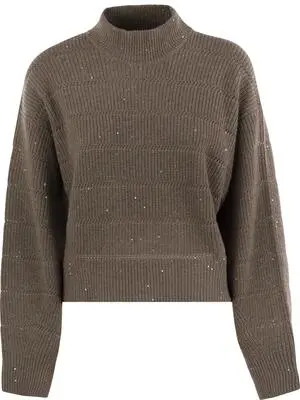Brunello Cucinelli Cashmere And Wool Turtleneck Sweater With Sequins - Brown